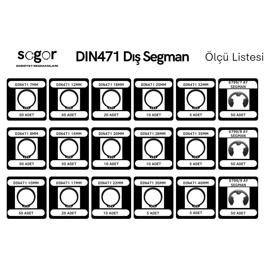 Emniyet Segman Seti DIN 471 Dış Segman–490 Parça Sekman Seti